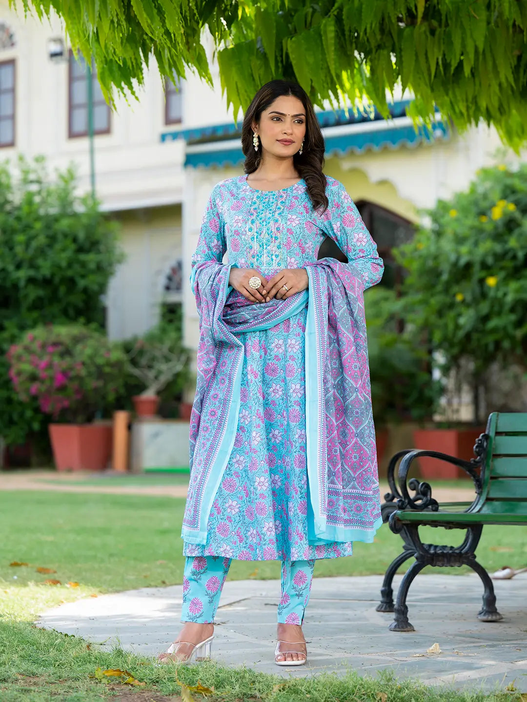 Blue Floral Print Anarkali Kurta Trouser And Dupatta Set – Yufta Store