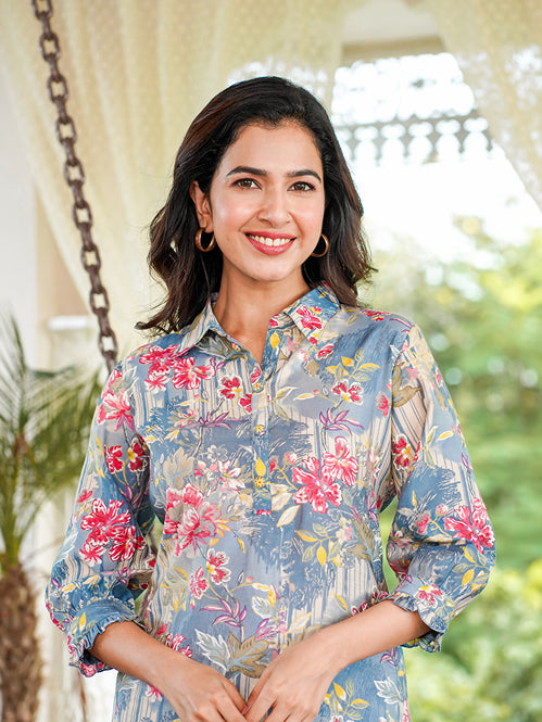 Blue Muslin silk Floral Print Co ord set – Yufta Store