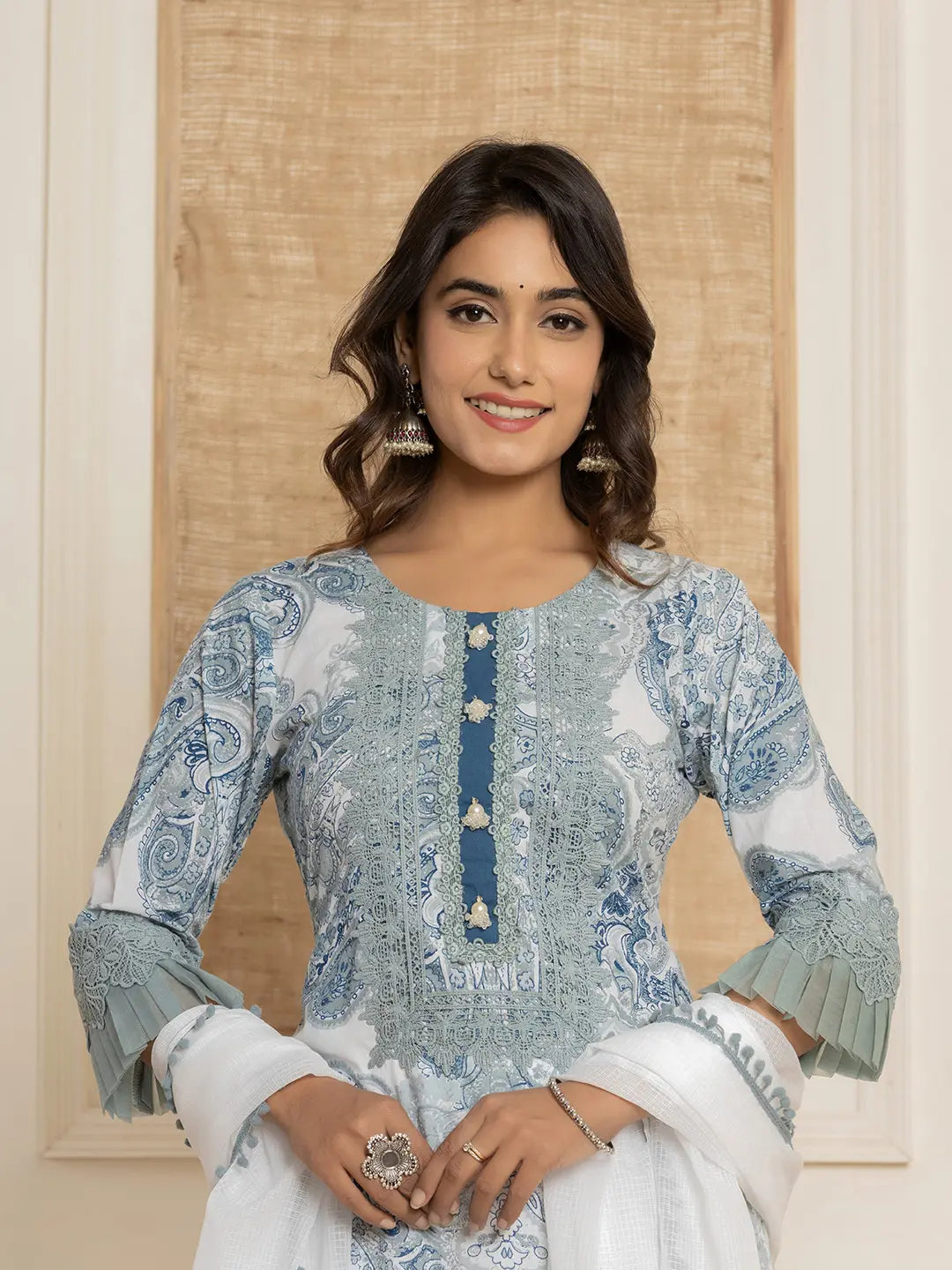 Grey Ethnic Motifs Cotton Straight Kurta And Trousers With Dupatta Set – Yufta Store