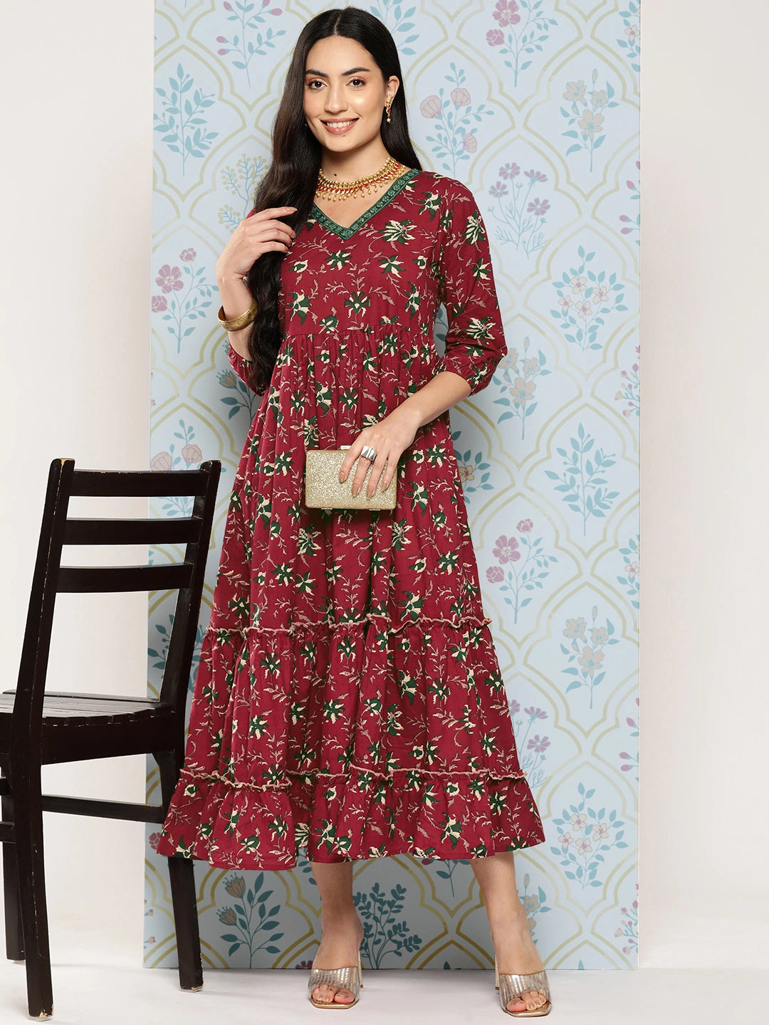 Maroon Floral Embroidered Fit & Flare Cotton Maxi Dress – Yufta Store