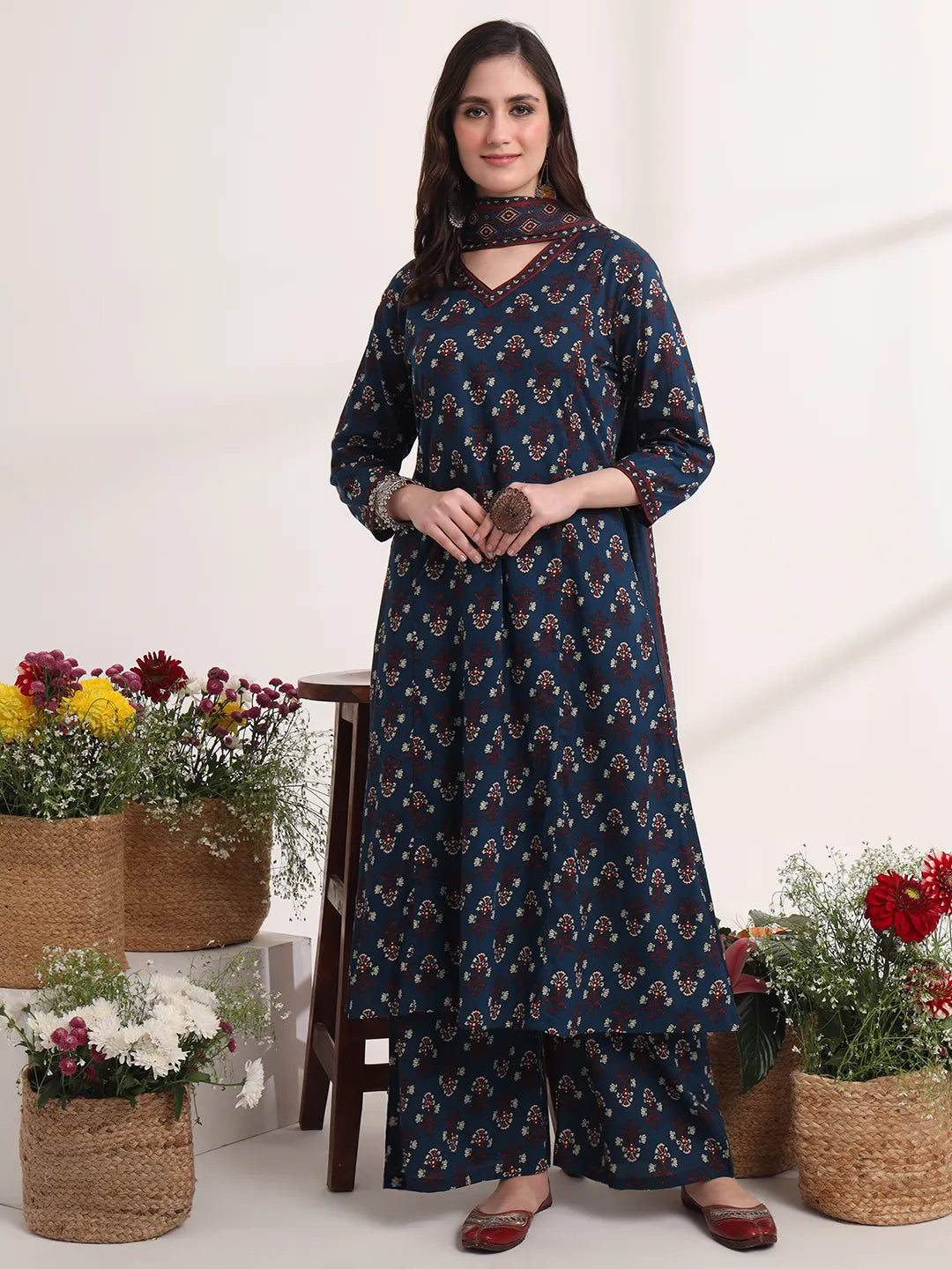 Pure Cotton Blue A-Line Kurta Dupatta Set With Handwork – Yufta Store
