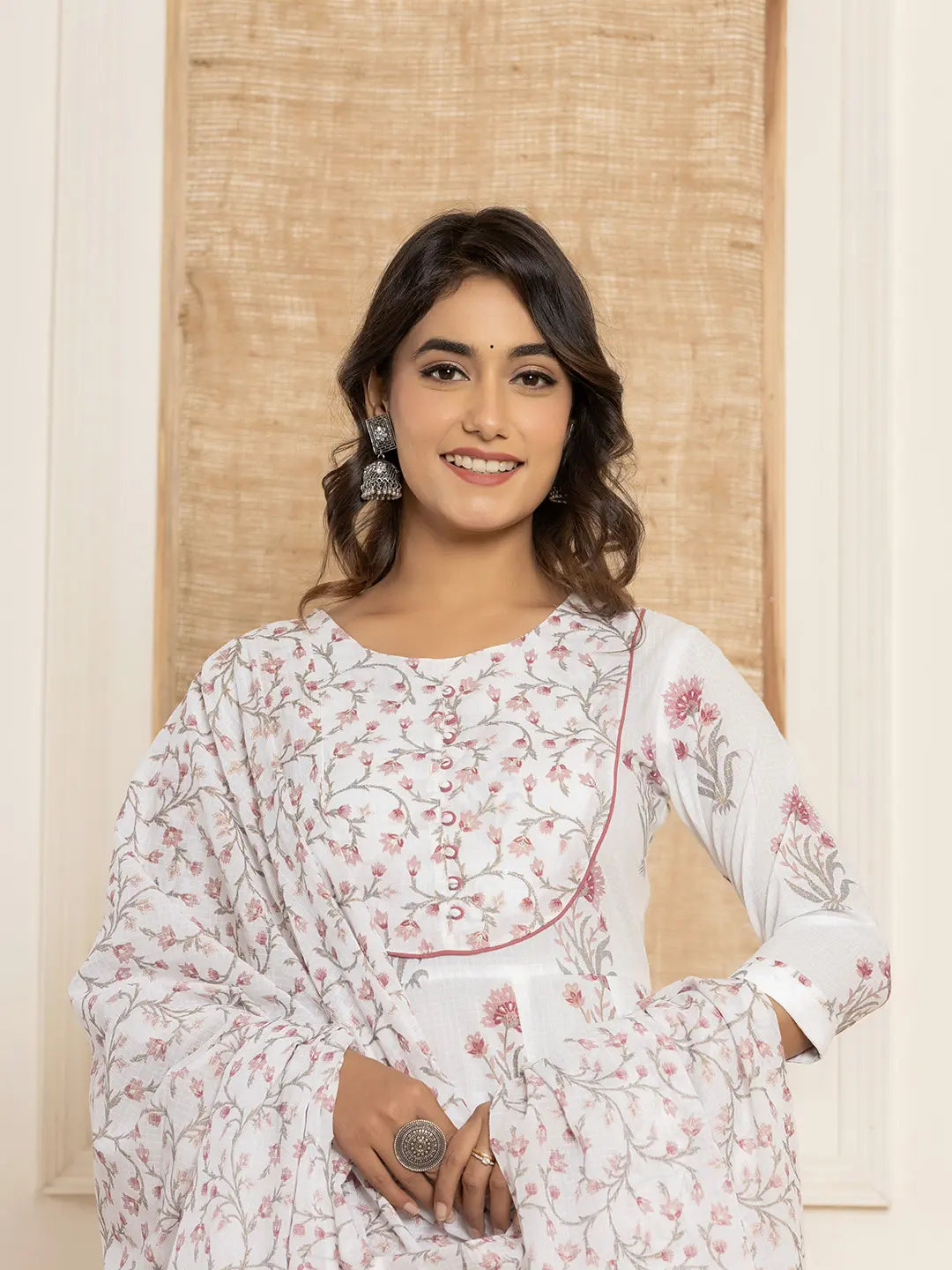 Purple And White Floral Print Piping Anarkali Style Kurta And Trousers – Yufta Store