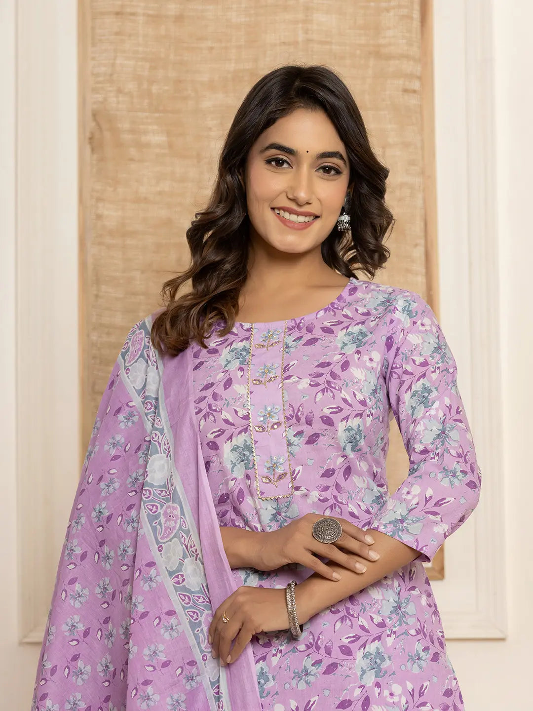 Purple Floral Print Cotton Straight Style Kurta And Trousers With Dupa – Yufta Store