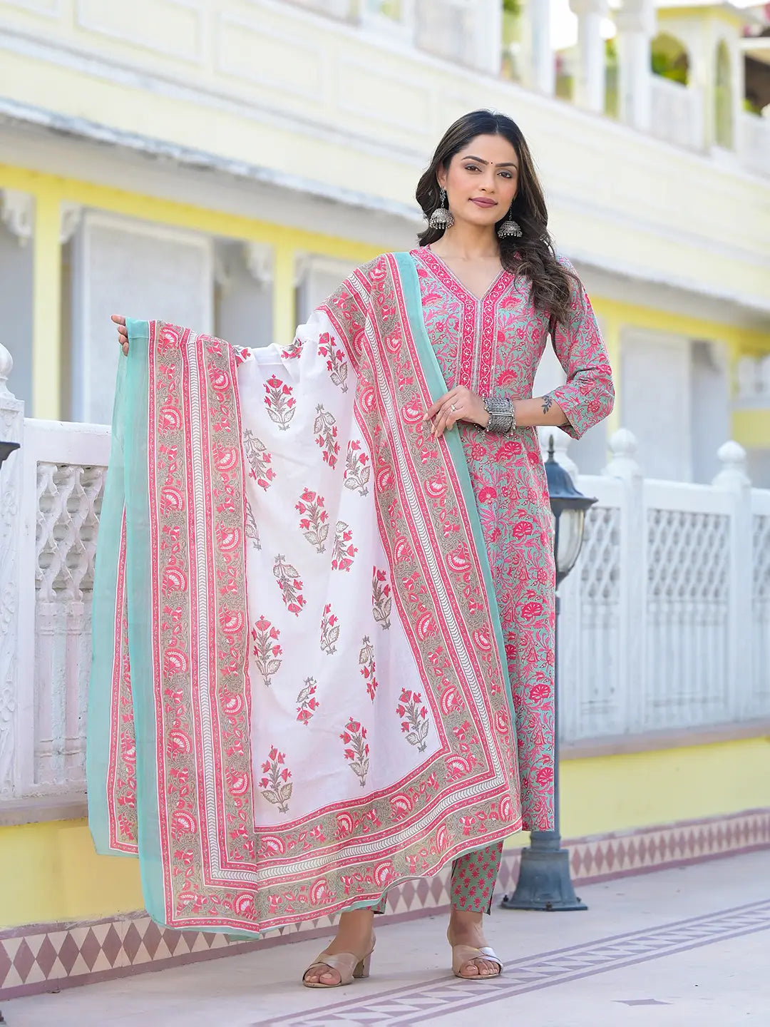 Sea Green Floral Print Anarkali Kurta Trouser And Dupatta Set – Yufta Store