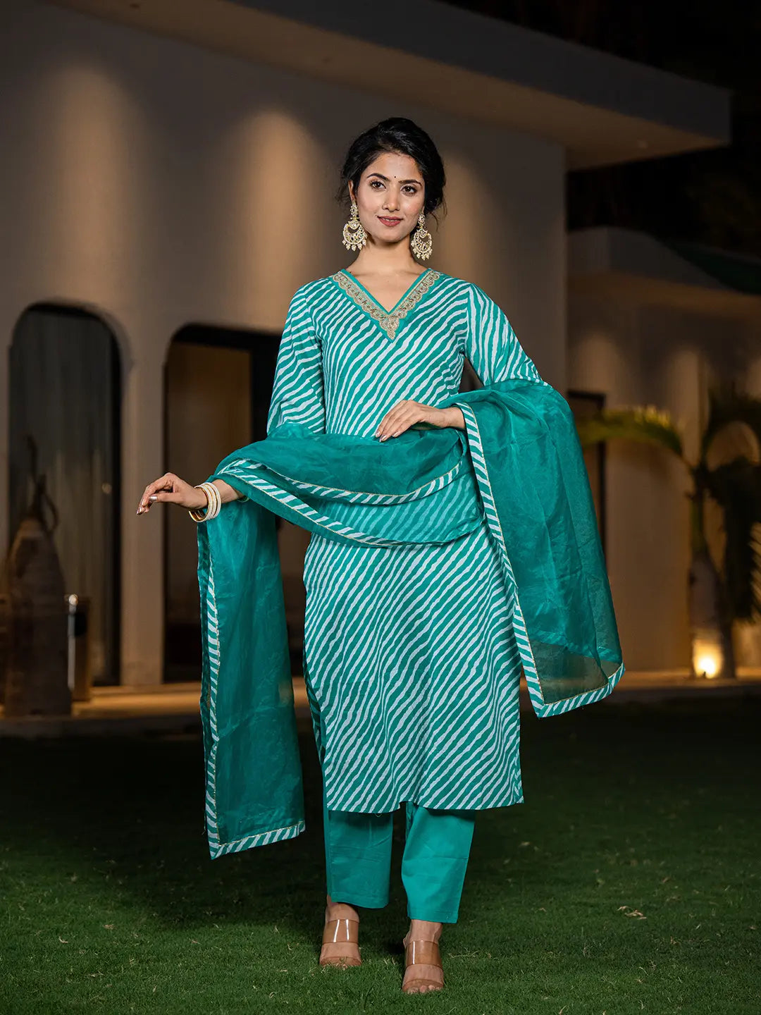 Teal Green Leheriya Print Cotton Straight Suit Set – Yufta Store