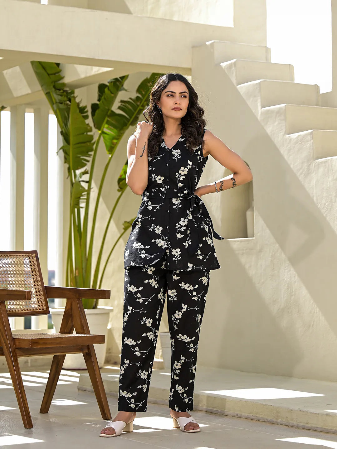 Black Cotton Floral Print Comes With A Belt Co Ord Set – Yufta Store