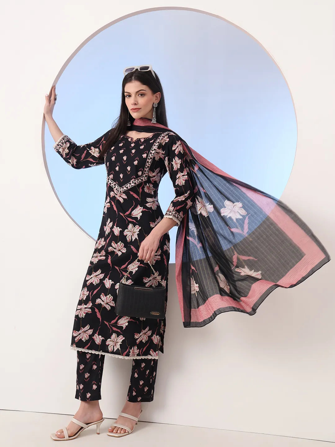 Black Floral Print Straight Thread Work Kurta And Trouser With Dupatta ...