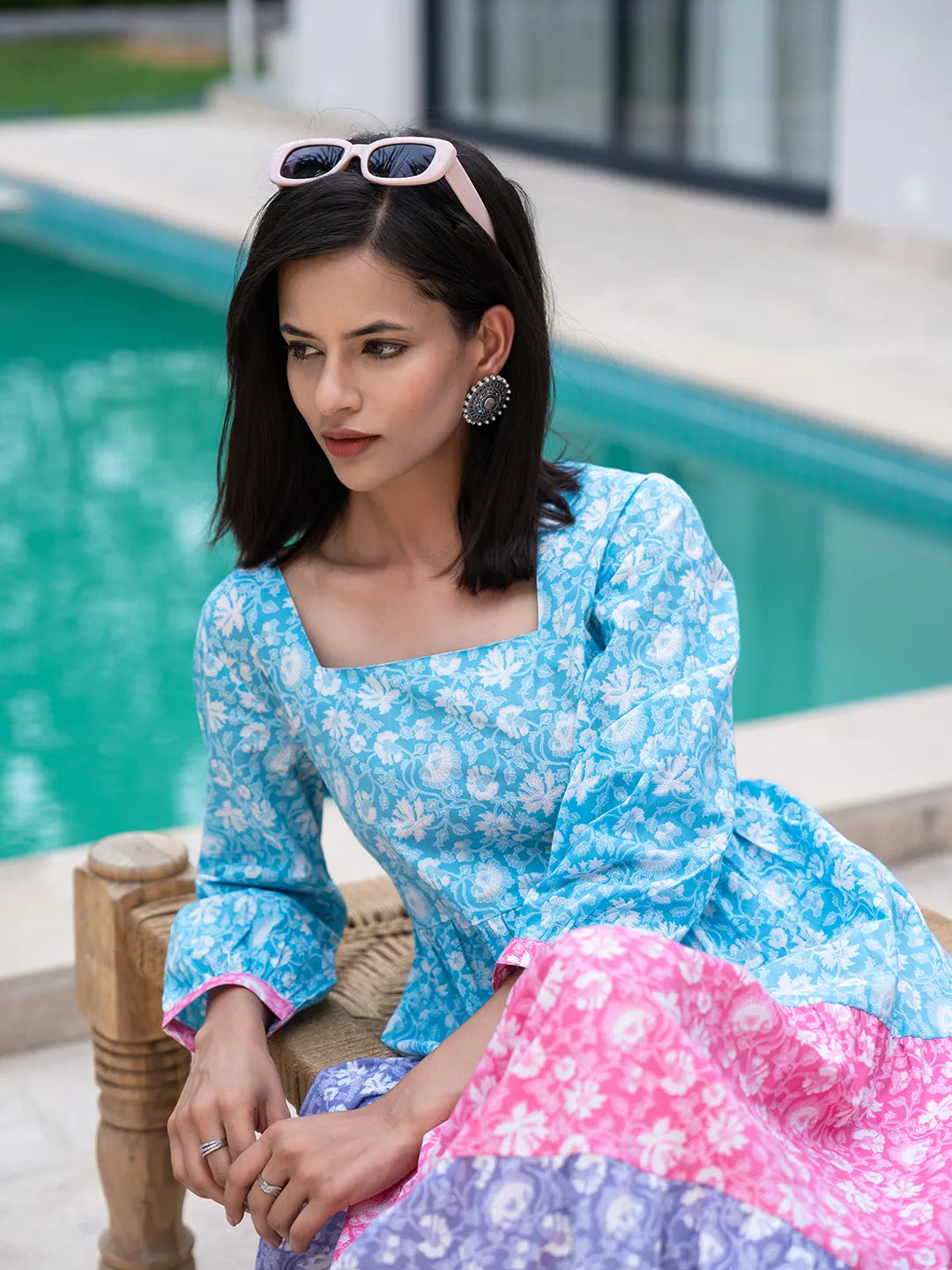 Blue Cotton Colour Blocking Tiered Dress – Yufta Store