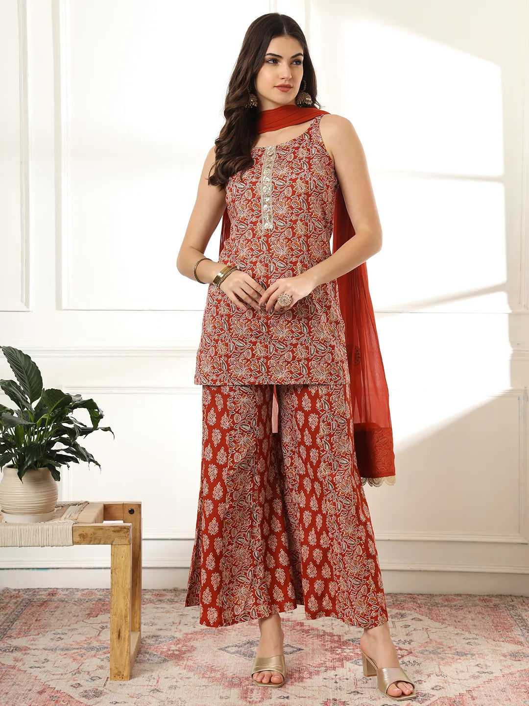 Cotton Rust Kurta Sharara Set – Yufta Store