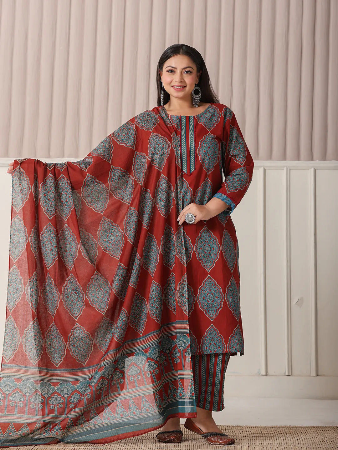 Maroon Block Print Cotton Lace Work Plus Size Kurta Set With Pant & Du ...