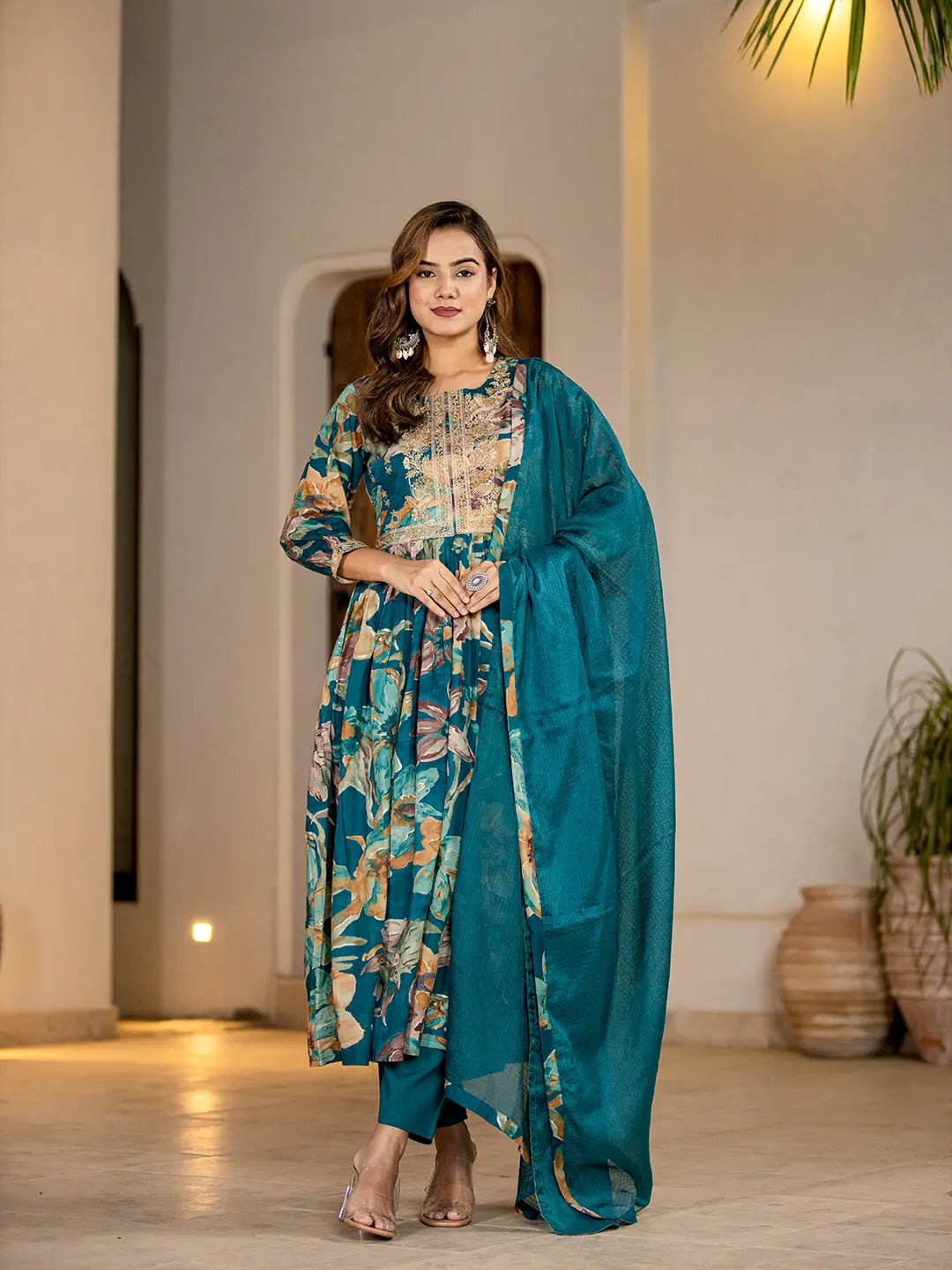 Teal Blue Floral Print Mulmul Fit And Flare Suit Set – Yufta Store
